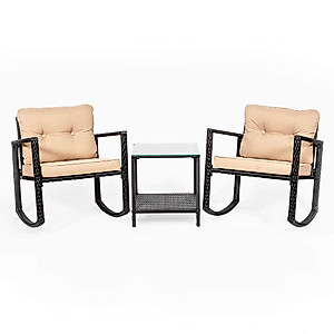 Barton 3 Pieces Rocking Chair Set w/Glass Table Black Outdoor Patio Furniture Wicker Rattan Modern Conversation Chat Seating