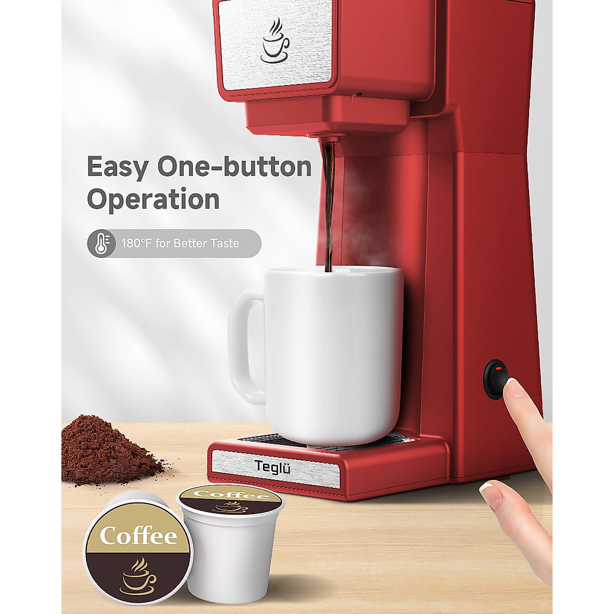 Teglu Single Serve Coffee Maker for K Cup & Ground Coffee, Single Cup Coffee Maker 6 to 14 oz, Fits Travel Mug 6.7", CM-206, Red
