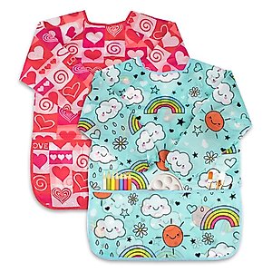 CUBACO 2 Pack Kids Art Smock Kids Waterproof Painting Apron Children's Artist Apron with Long Sleeve and 3 Pockets