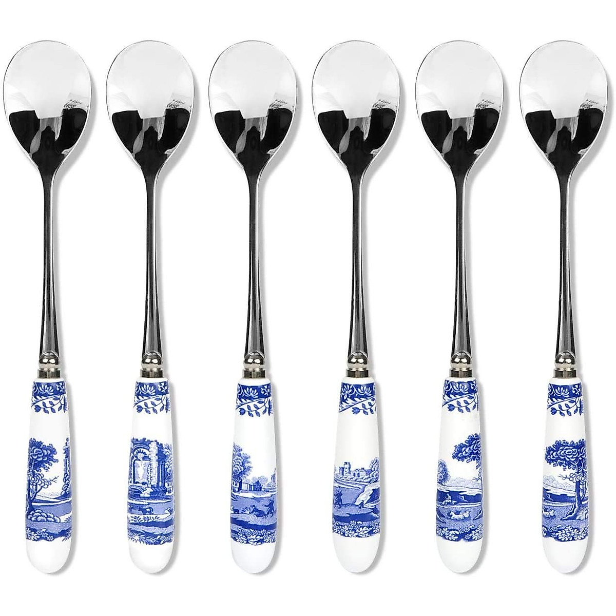 Spode Blue Italian Collection Teaspoons | Set of 6 | Made of Stainless Steel with Porcelain Handles | 6 Inch Dessert Spoons | Blue/White | Hand Wash Only