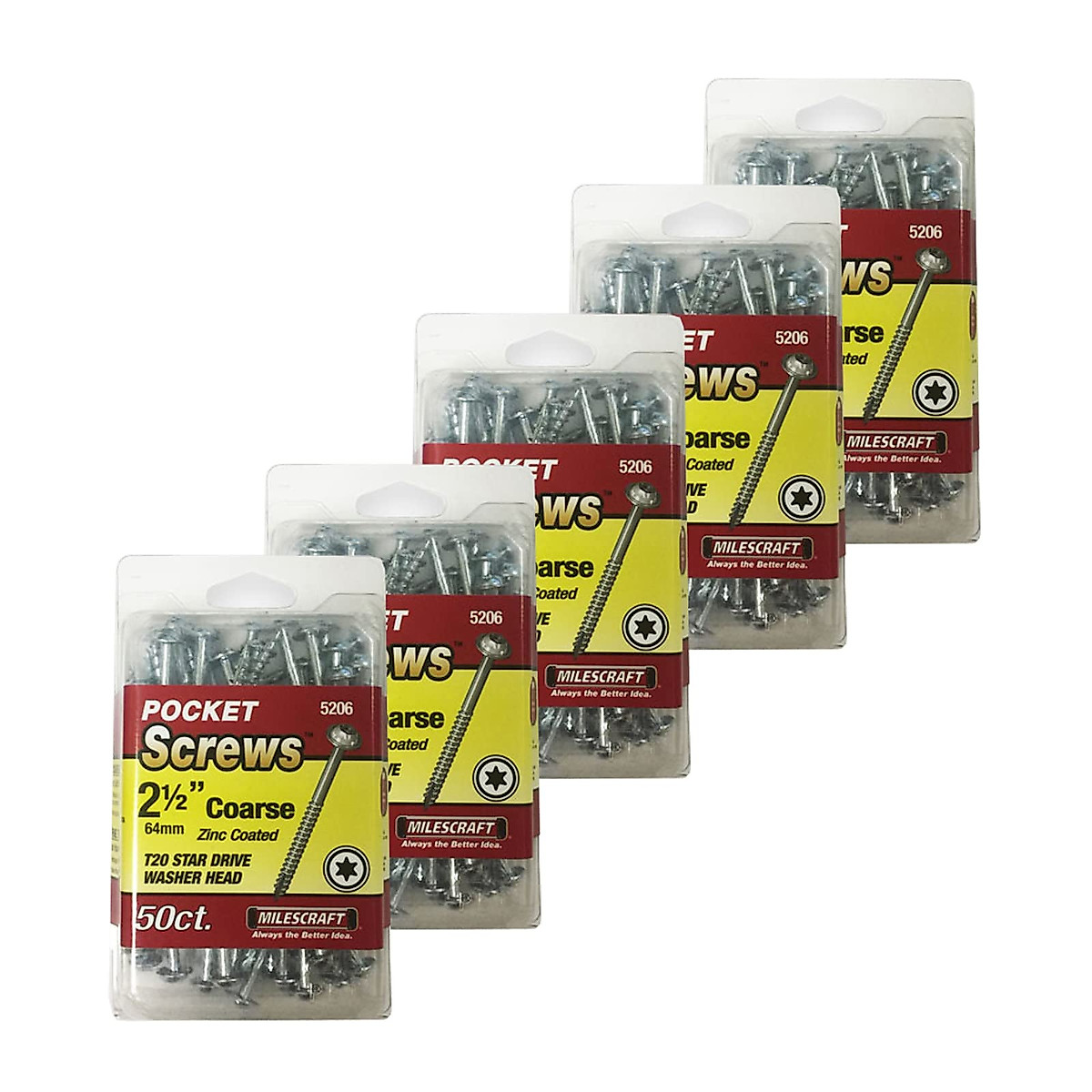 Milescraft 7356 Wood Pocket Hole Screws - #7 x 2-1/2" Washer Head with Coarse Thread (250pc.), Torx Drive Self-Tapping, for Indoor Use