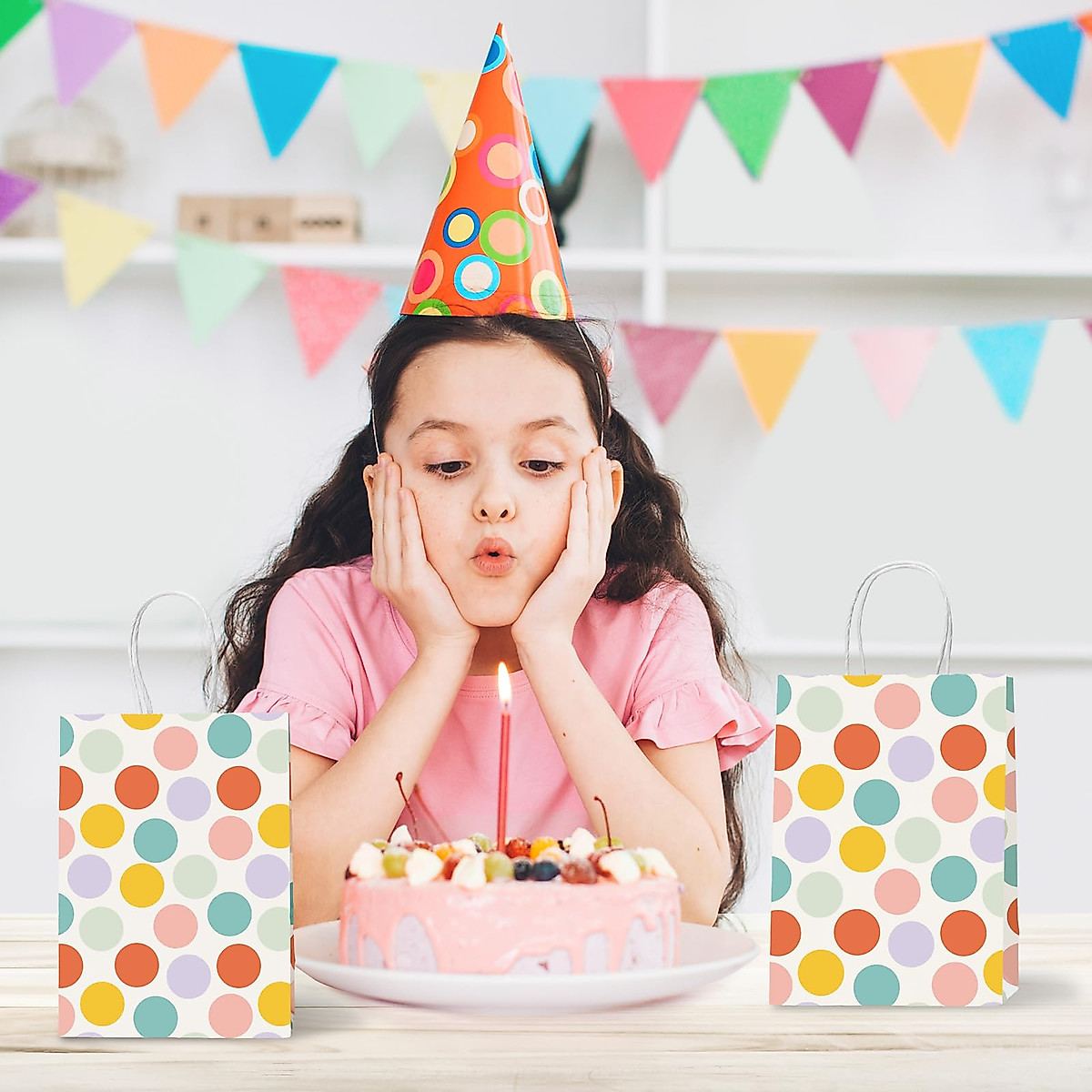 MESHA Gift Bags 15 Pcs 5.9X3.1X8.2 Paper Bags with Handles bulk,Party Favor Bags Birthday Wedding Mother's Day gift bags Small Paper Shopping Bags,Colorful Retail bags,Recyclable Bags (polka dot)