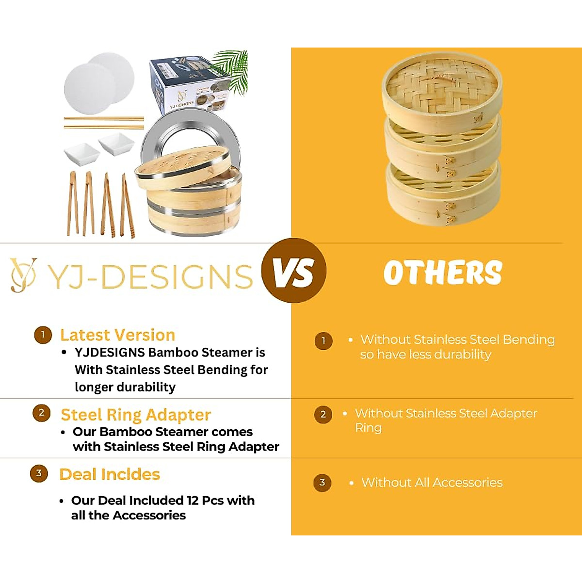 YJ DESIGNS 12 Pcs Stainless Steel Bamboo Steamer Basket Complete Kit- 10 inch (2 Tiers) - Dumpling Steamer Veggie Bamboo basket - Vegetable Food Steamer for Cooking - Rice steamer - Steam Pot Basket