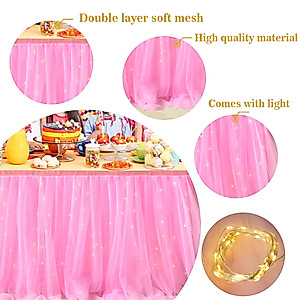 Albassa 6ft Pink Tulle Table Skirt for Rectangle or Round Tables with LED Lights Tutu Table Skirts Tablecloth for Princess Baby Shower Girl Birthday Party Cake Dessert Table Decorations