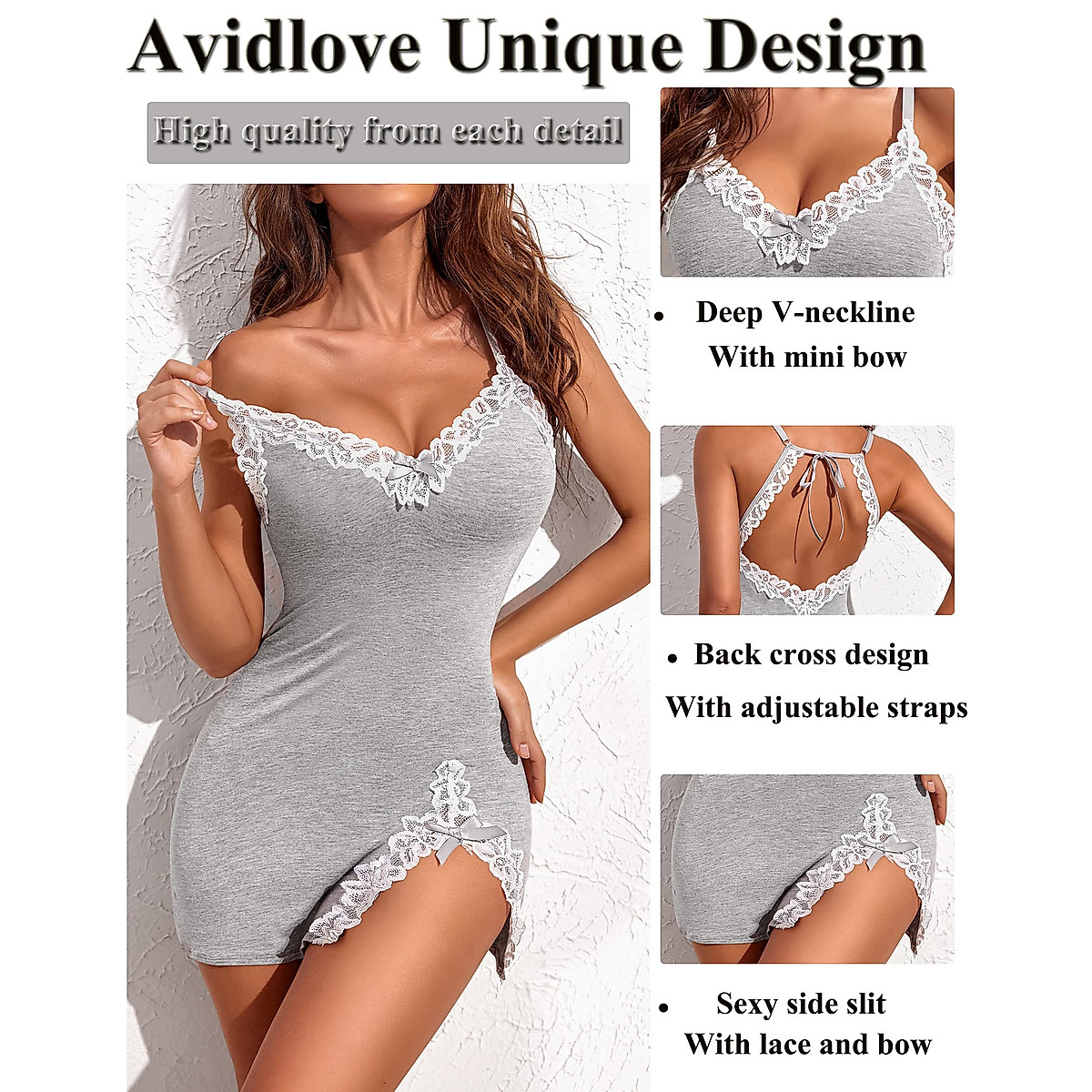 Avidlove Womens Sexy Lingerie Bow Lingerie for Women Sexy Loungewear Women Night Dress for Women Sleepwear (Grey,S)
