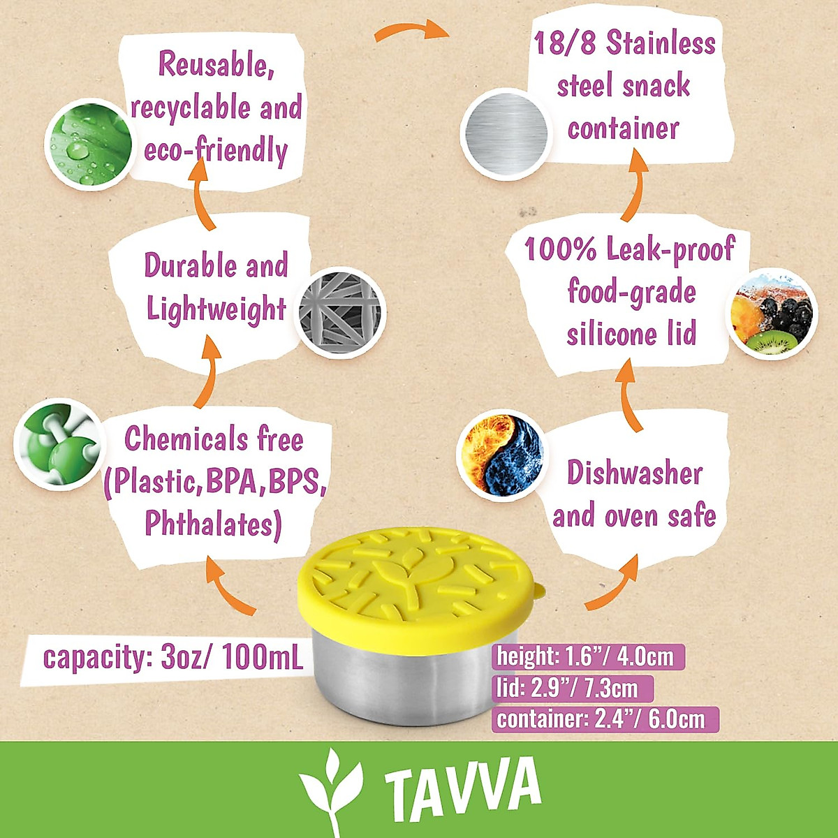 TAVVA 4X3oz Stainless Steel Mini Containers with Lids - Stainless Steel Food Storage, Small Containers for Lunch Boxes
