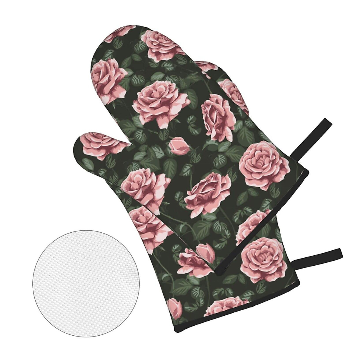 Oven Mitts and Pot Holders Sets 4 Piece, Pink Rose Flower Green Leaves Oven Gloves Heat Resistant Non-Slip for Kitchen Cooking Grilling Baking