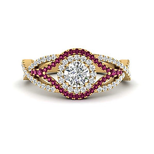 Jewelrygift Round Twisted Pave Double Halo Diamond Ring Yellow Gold Plated Created Pink Sapphire Round Shape Pink Color Double Halo Engagement Ring Prong Setting in Size 4