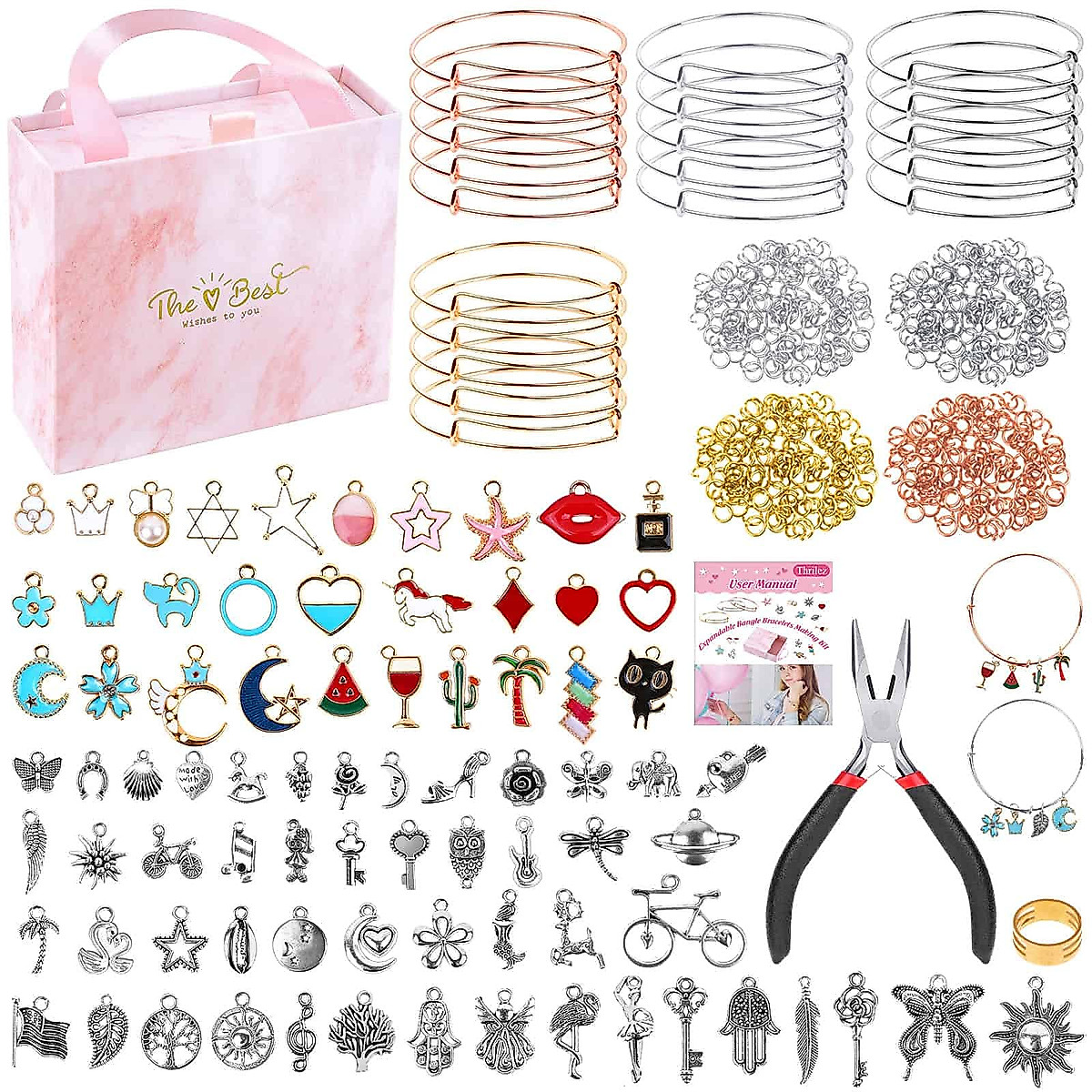 Thrilez 300Pcs Bangle Bracelets Making Kit, Charm Bracelet Making Kit with Expandable Bangles, Charms, Jump Rings and Pliers for Jewelry Making Bangle Bracelets (with Gift Box and Tools)