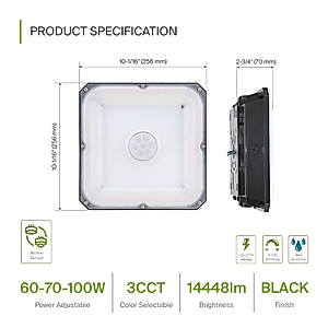 ASD LED Canopy Light 100/70/60W with Q-Base – 3000/4000/5000K 14448Lm 10"x10" 120-277V IP65 Dimmable 0-10V UL & DLC Listed (Optional Motion Sensor-Extra Purchase)