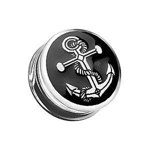 Covet Jewelry Anchor Enamel Embossed Double Flared Ear Gauge Plug (00 GA (10mm), Black)