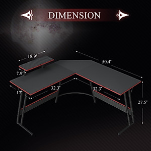Shahoo L Shaped Gaming Desk, 51 Inch Computer Corner Table with Large Monitor Stand & Carbon Fiber Surface for Home Office Study Writing Workstation, Black