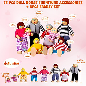 83 Pcs Doll House Furniture Package with 8 Winning Doll Family Set Wooden Bendable Figures and Fully Furnished Kitchen Living Room Bathroom Bedroom Dressable Doll House Furniture Pretend Play Toys