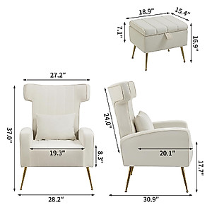 X-VOLSPORT Wingback Accent Chair and Storage Ottoman Set for Living Room Bedroom, Modern Upholstered Velvet Armchair with Footrest & Gold Metal Legs, White, Pillow Included