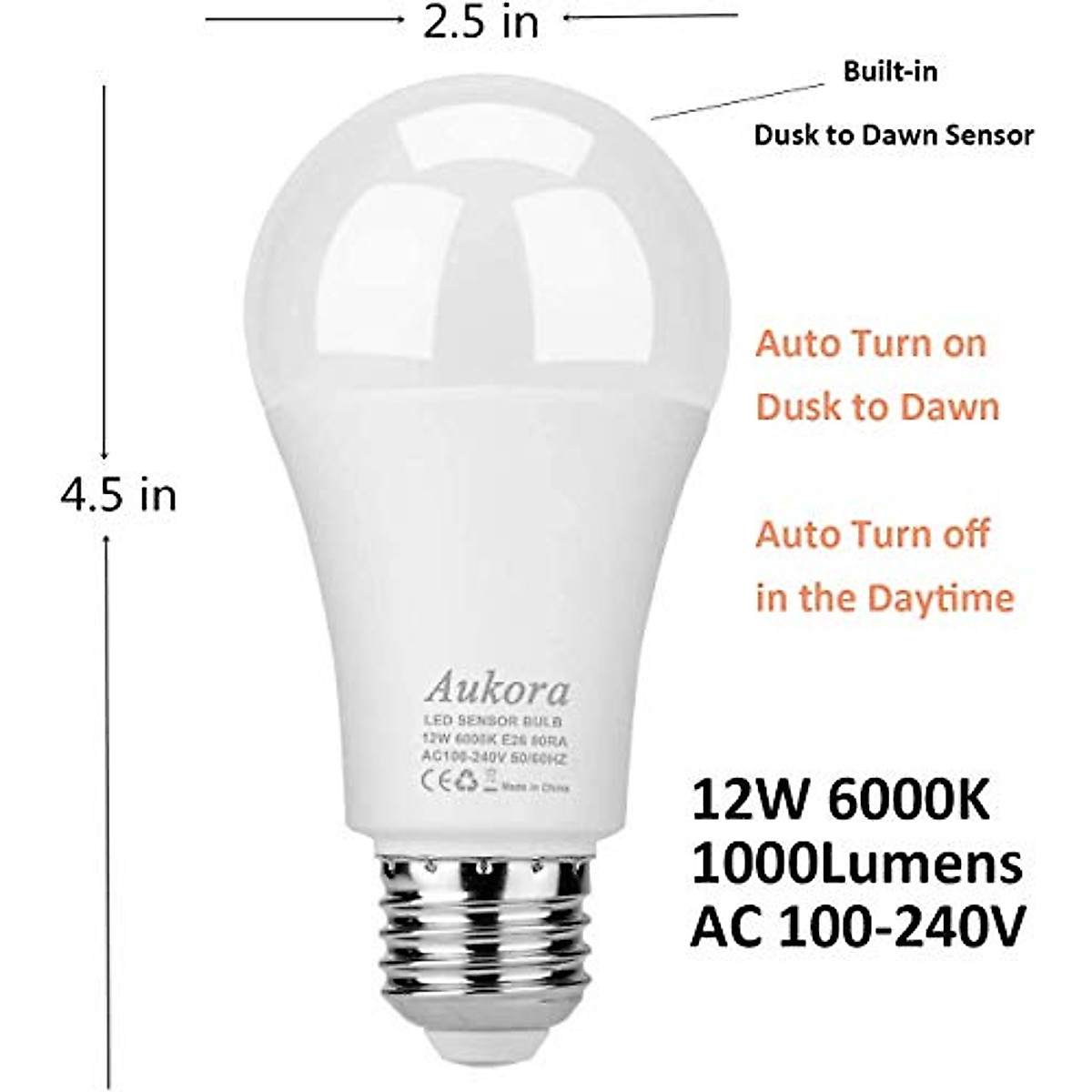 Aukora Dusk to Dawn Light Bulb 4 Pack, 12W (100-Watt Equivalent 1000lm) Smart Sensor Light Bulbs indoor E26/E27 6000K Daylight A19 Led outdoor Light Bulb for Porch Yard Garage Garden Patio(Cool White)