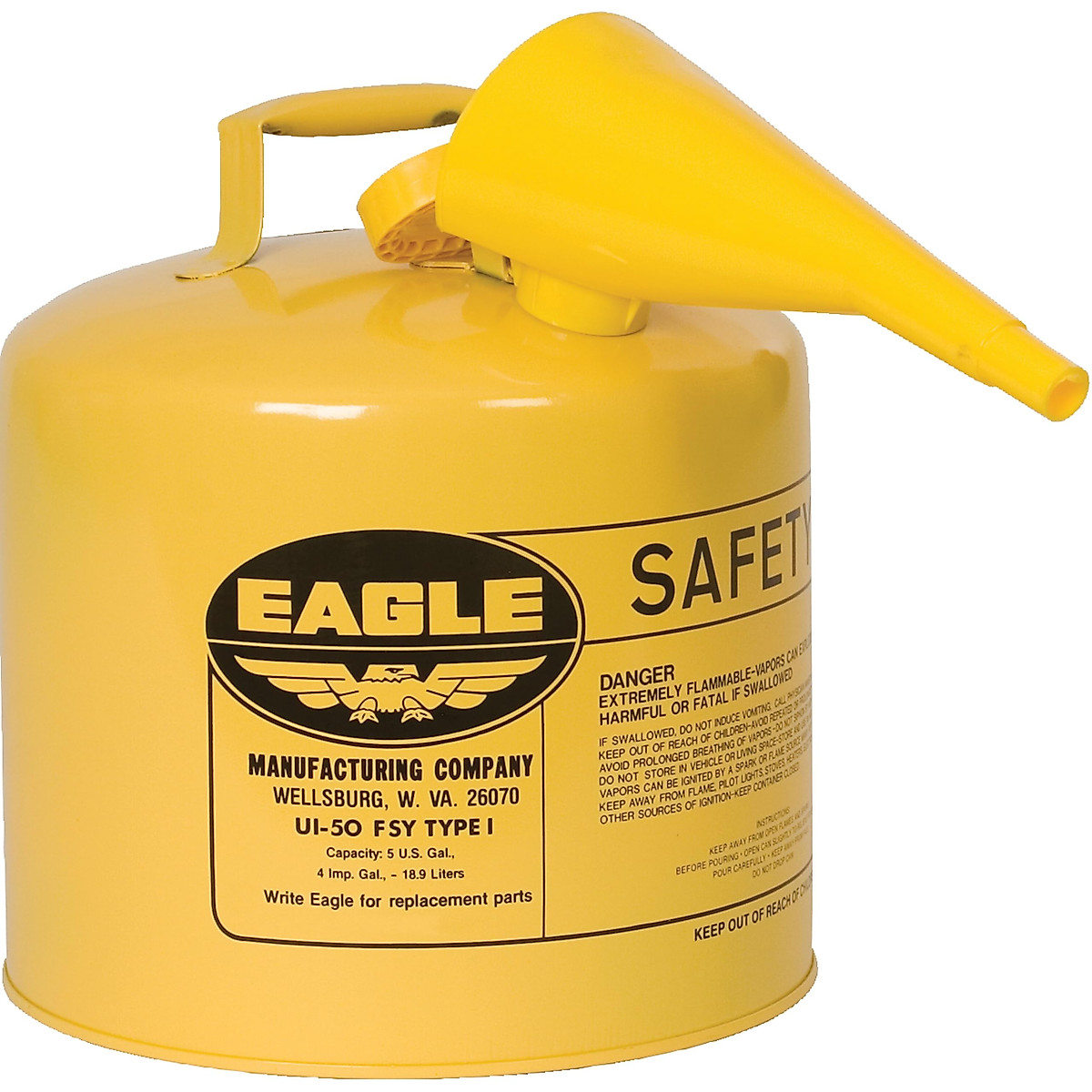 Eagle 5 Gallon Type I Yellow Safety Gas Can for Diesel with Flame Arrester, Self-Closing Lid, and F-15 Funnel, Made in the USA, Galvanized Steel Flammable Storage Can, UI50FSY