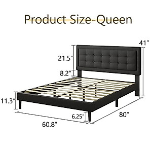 UNIZONE Queen Upholstered Bed Frame with Headboard, Tufted Platform Bed with Button Headboard, Wood Slats Support, Mattress Foundation, No Box Spring Needed, Easy Assembly, Modern, Linen, Dark Gray