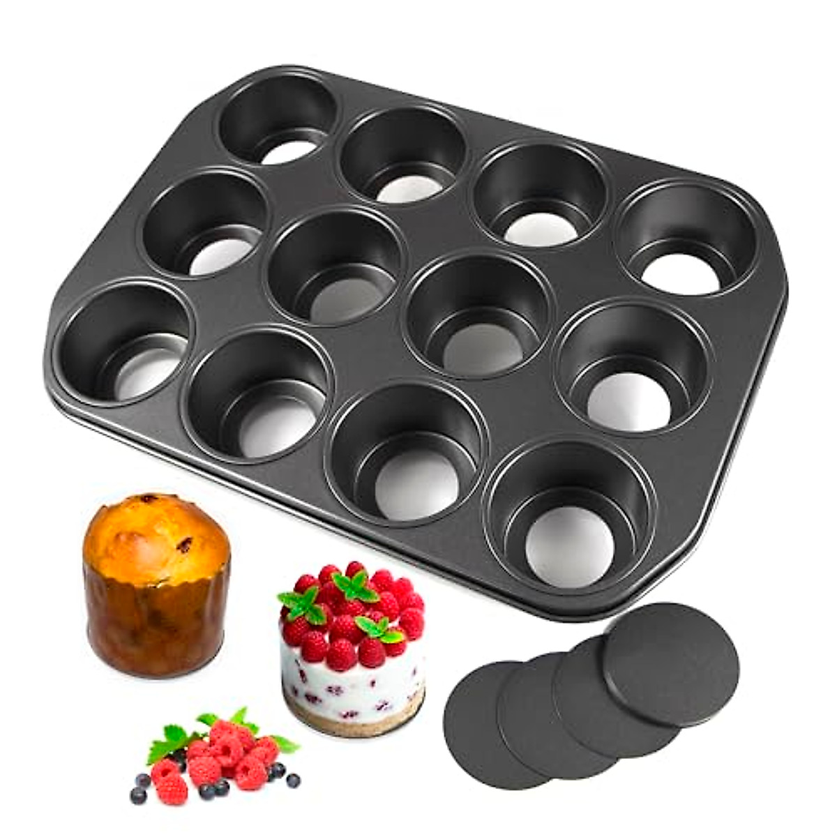 Wrenbury Pro Mini Cheesecake Pans Removable Bottom 12 Hole - Heavy Gauge Carbon Steel Muffin Cupcake Pan Loose Bottom Springform for Baking - 3 Inch Individual Cheesecakes Tin - PFOA Free