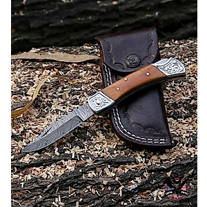 Capra Knives CK-52 Handcrafted Folding Engraved Brass Pocket Knife 4” Folded, 7.25” Long Overall, 4.5oz Olive Wood Handle, Damascus Blade with Leather Sheath