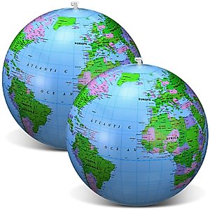 Pangda 2 Pack Inflatable Globe Blow up World Globe Beach Ball Globe for Party Bags, PVC Material (Blue,16 Inch)
