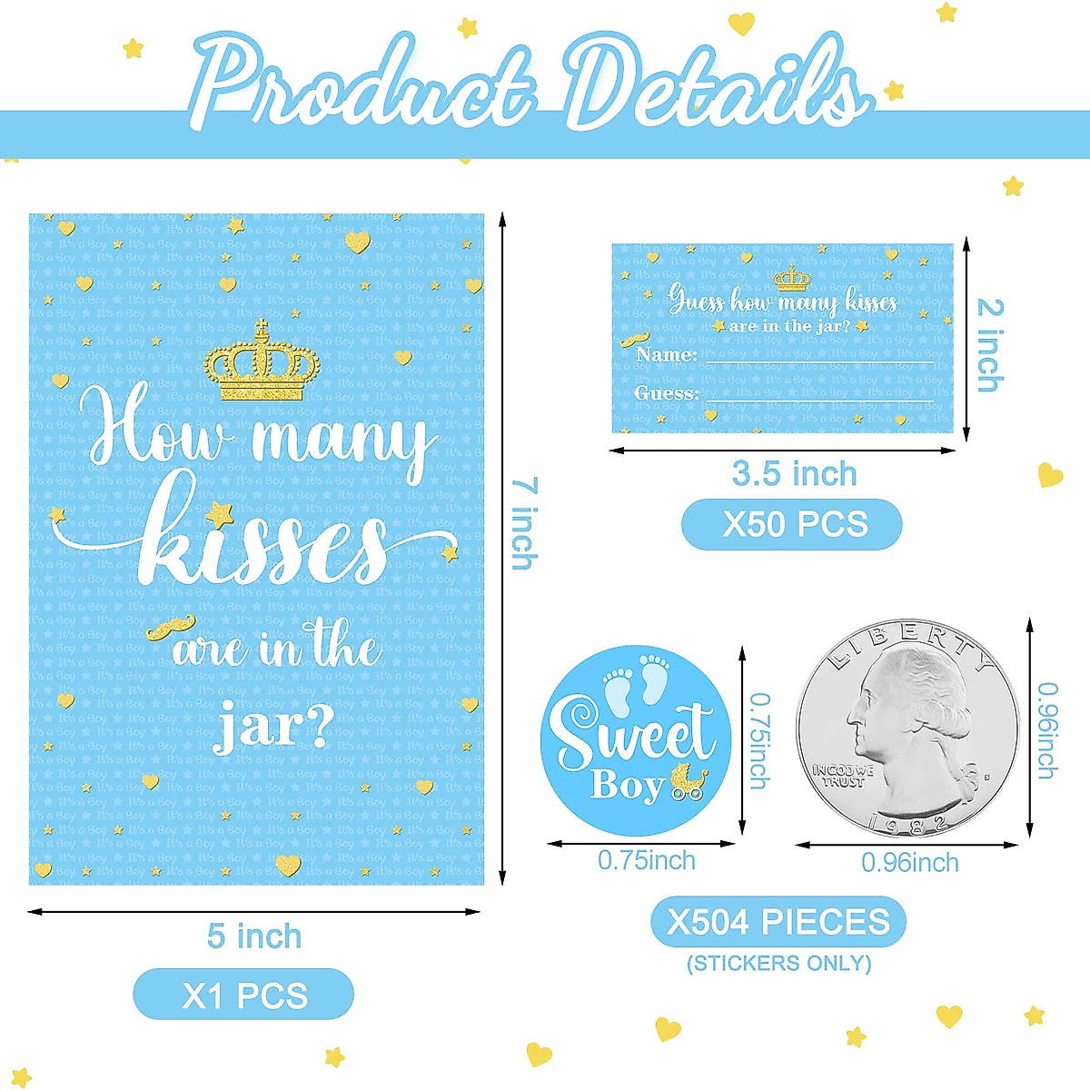 555 Pcs How Many Kisses Game Card Kit How Many Kisses Baby Shower Games Standing Sign Guessing Cards Baby Shower Stickers for Kid Baby Shower Sprinkle Birthday Party, No Candy and Jar (Blue Boy Style)