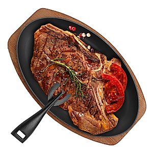 Cast Iron Steak Plate Sizzle Griddle, Round Shape Grill Fajita Server Plate, with Wooden Base Steak Pan, Household use or Restaurant Supply (12" Diameter)