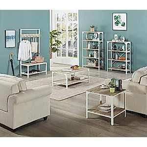 HOMISSUE Modern Style 2 Shelf Hall Tree with Storage Bench, Light Oak Bench and Lower Shelf with White Steel Frame, Entryway Shoe Rack with 5 Hooks for Garments