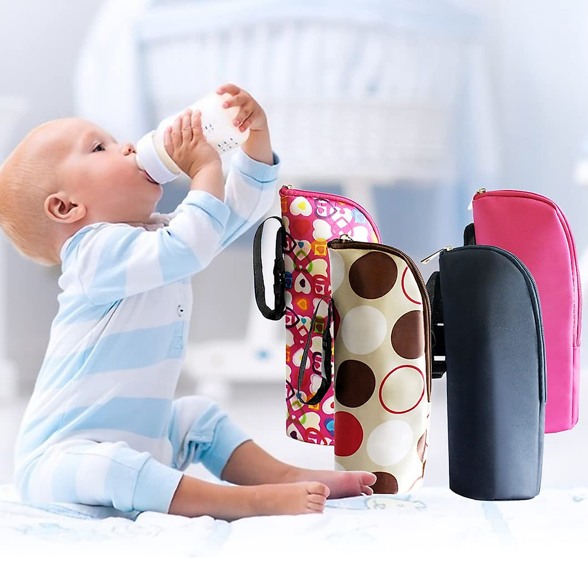 Rolin Roly 2Pcs Bottle Cooler Bag Baby Bottle Organizer with Strap Baby Thermal Insulated Bags Portable Multipurpose Breastmilk Tote 8 x 8 x 24cm (Rose red + black)