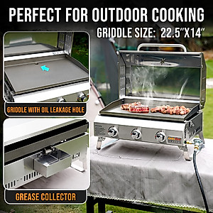 Onlyfire Flat Top Gas Griddle with Foldable Legs, 3-Burner Stainless Steel Propane Gas Grill Griddle, 24” Portable Tabletop Griddle for Outdoor Cooking Camping Tailgating RV, 24000 BTU, GS309