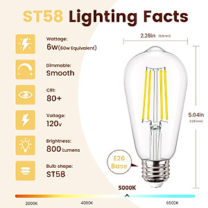 YAOHENG Vintage LED Edison Bulbs, Dimmable 60W Equivalent 800 lumens, 6W Daylight 5000K, 80+ CRI, ST58 Antique LED Filament Bulbs, E26 Medium Base, Clear Glass, Pack of 4