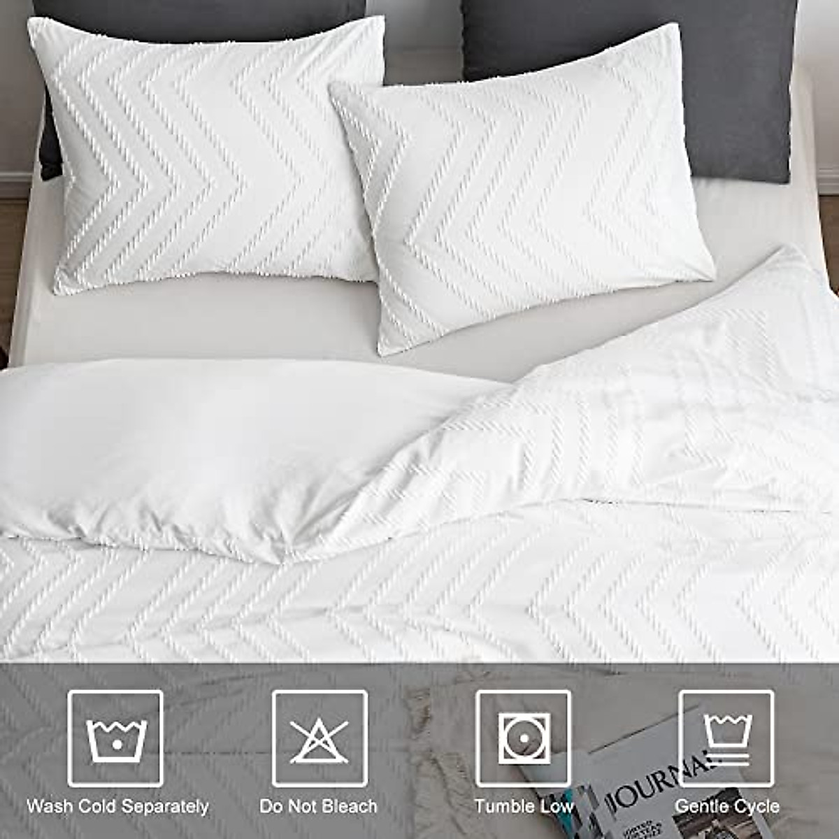WARMDERN Boho Duvet Cover Set, Tufted Bedding Duvet Covers Soft Washed Microfiber Duvet Cover Queen Size, 3 Pieces Embroidery Shabby Chic Duvet Cover with Zipper Closure(White, Queen)
