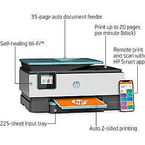 HP OfficeJet Pro 8028e All-in-One Wireless Color Inkjet Printer for Home Office, Blue- Print Scan Copy Fax-20 ppm, 35-sheet ADF, 4800 x 1200 dpi, Auto 2-sided Printing, Ethernet, Cbmou External Webcam