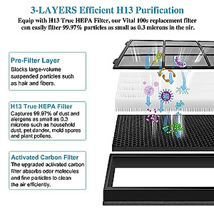2 Pack Vital 100S Filter Rplacement Compatible with LEVOIT Vital 100S Air Puri-fier, 3-in-1 H13 Grade Smart True HEPA Rplacement Filter, Vital 100S-RF
