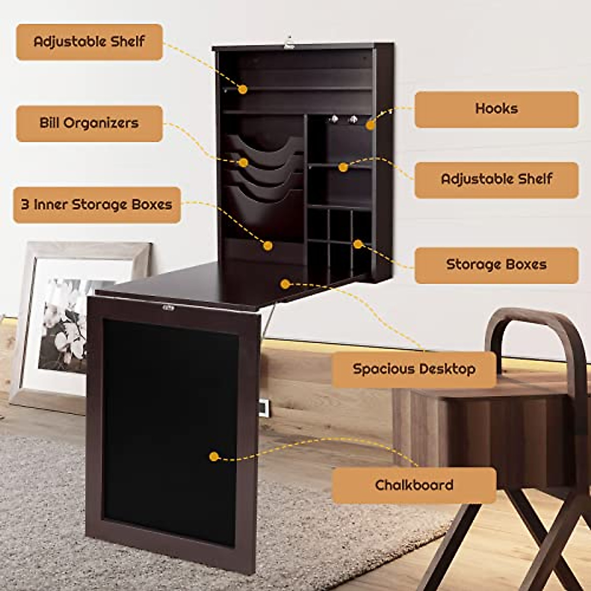 IFANNY Wall Mounted Desk with Storage Shelves, Folding Desk for Wall with Chalkboard, Fold Down Table Wall Mount, Small Floating Desk No Assembly Required (Brown)