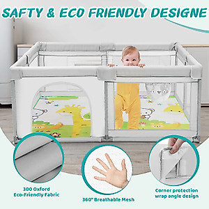 Baby Playpen, Playpen for Babies and Toddlers, Indoor & Outdoor Playard Kids Activity Center with Mat, Anti-Slip Base, Sturdy Safety Baby Playpen with Gate 50''x 50''x 27'' (Light Grey)