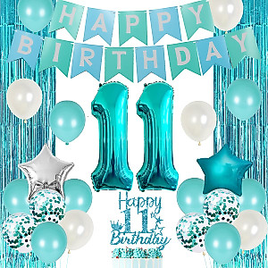 11th Birthday Decorations for Girls Teal - Happy 11th Birthday Decorations Eleventh Birthday Cake Topper Teal Fringe Curtain Turquoise Banner Number 11 Foil Balloon, 11 Year Old Girl Gift Ideas