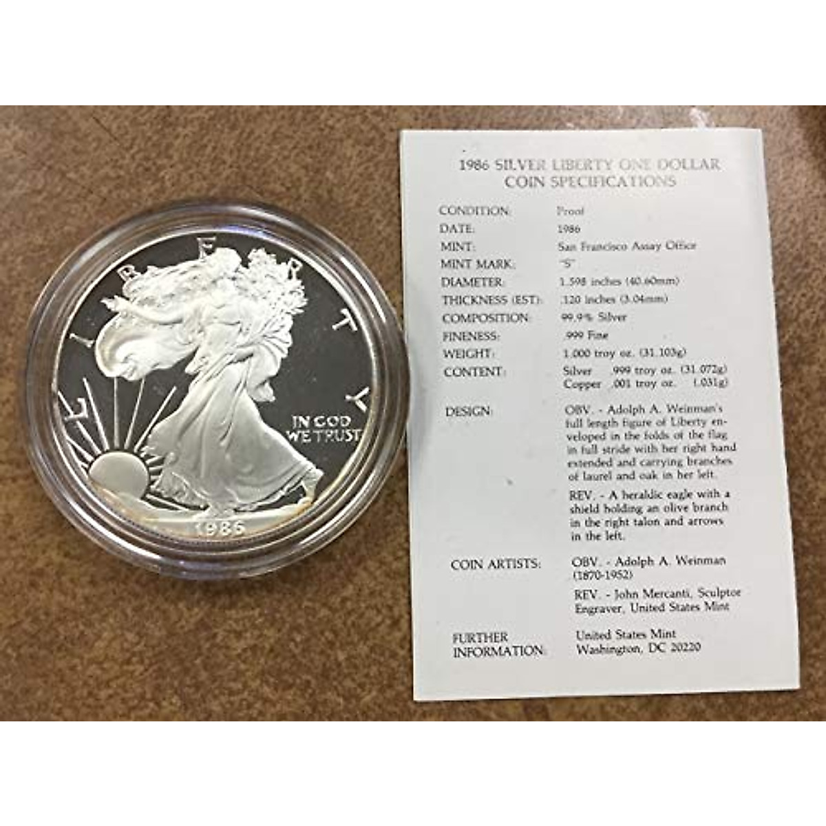 1986 S American Silver Eagle $1 Proof US Mint