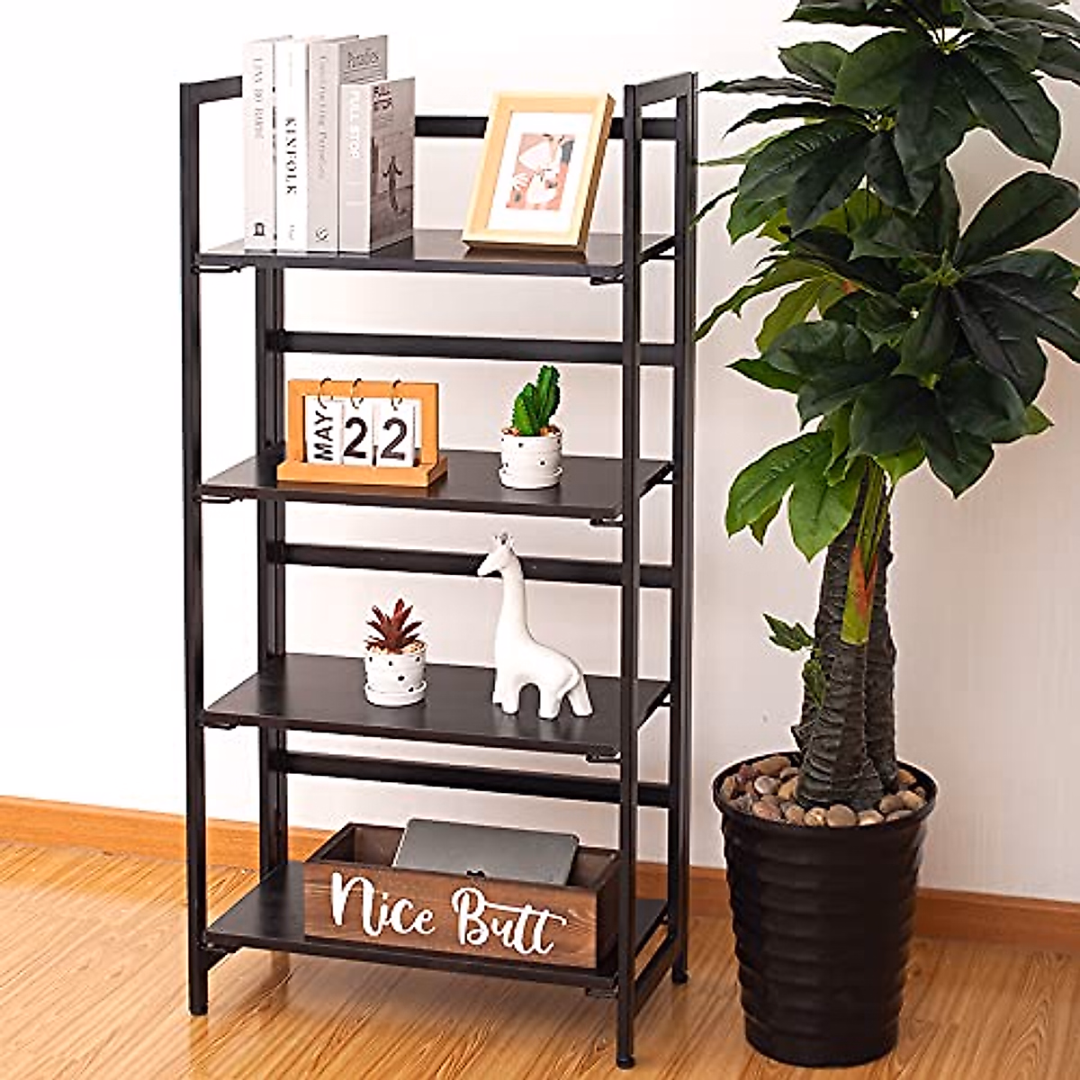 Coral Flower Accent Utility 4-Tier Folding Bookshelf Standing Shelf Units Display Rack Storage Shelf Industrial Style Utility Shelving with Metal Frame & Wood Layer