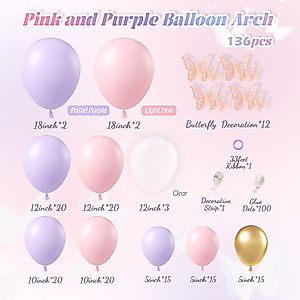 Pink and Purple Balloon Arch Kit, Butterfly Baby Shower Decorations with Pink and Purple Gold Latex Balloons for Purple Bridal Wedding Butterfly Birthday Decorations…