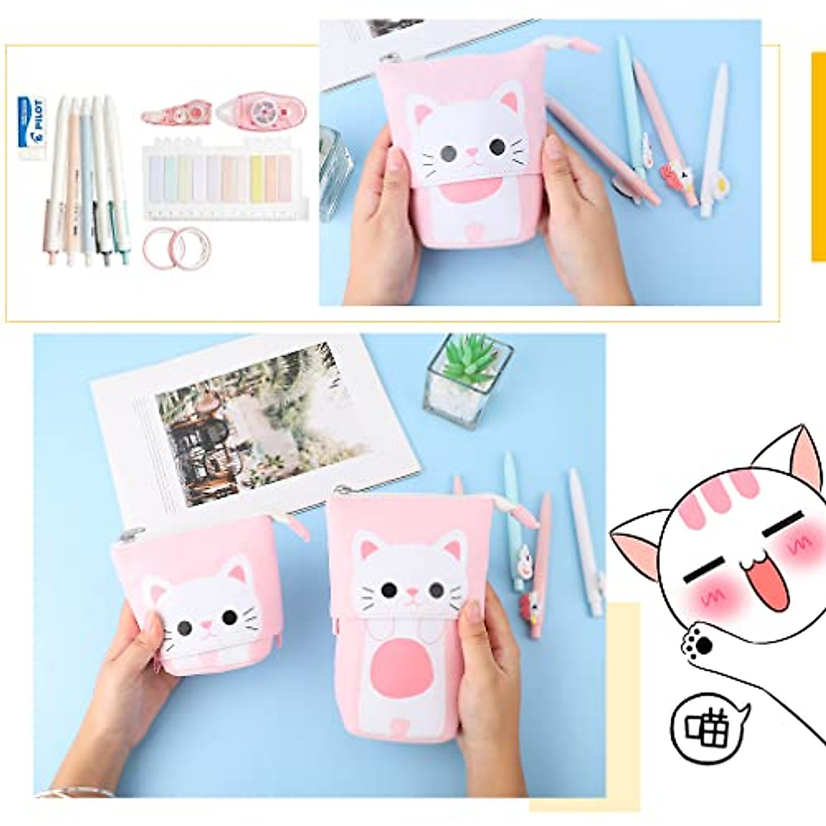iSuperb Cute Pencil Case Standing Pen Holder Cat Pencil Bag Cartoon Pen Box Kawaii Pencil Pouch Big Makeup Cosmetics Bag with Zipper for Office Organizer Travel Storage Women Men