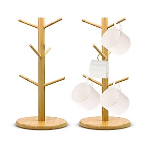 Lilingsty 2PCS Wooden Mug Holder Tree,Wooden Mug Rack Tree Coffee Tea Cup Organizer Removable with 6 Hooks for Kitchen Countertopand Storage Mug Hooks(Natural)