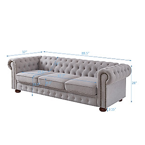 Bellemave Chesterfield Sofa Couch 3-Seater Sofa with Nailhead & Rolled Arms Linen Tufted Couch with Rubber Wood Legs for Living Room, Office (Light Grey)