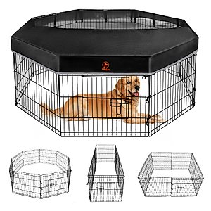 PJYuCien Dog Playpen - Metal Foldable Dog Exercise Pen, Pet Fence Puppy Crate Kennel Indoor Outdoor with 8 Panels 24”H & Top Cover for Small Medium Pets