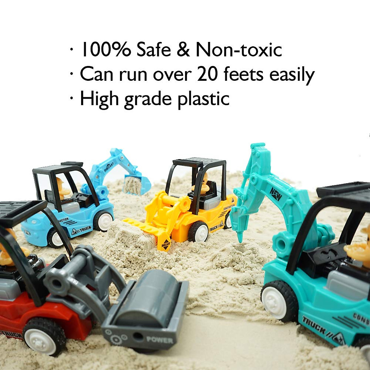Construction Toys 4 Pack Set with Excavator, Bulldozer, Road Roller, Lift Truck Toys, Friction Powered Push and Go Toy Cars for Toddlers, Kids, 3,4,5,6 Year Old Boy, Girl, Sandbox Trucks Vehicles