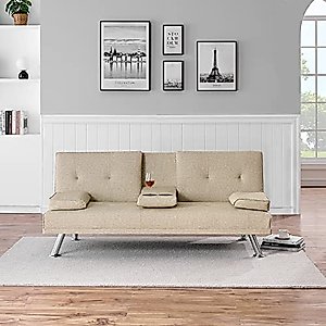 67" Leather Multifunctional Double Convertible Folding Futon Sofa Bed, Adjustable Couch Sleeper Modern for Office with 2 Cupholders, Removable Armrests (Beige)