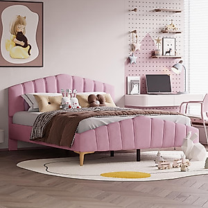 FAVSH Queen Size Velvet Platform Bed with Thick Fabric,Channel headboard and Elegant Metal Beds Leg,Bedroom Wooden Bed Frame W/Slat Supports,for Kids Teens Adults,Pink