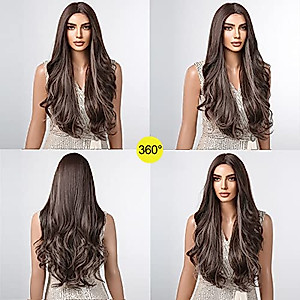 Allbell Honey Brown Long Wavy Wigs for Women 24 Inch Brown Highlights Middle Parting Curly Wig Natural Looking Heat Resistant Synthetic Hair Replacement