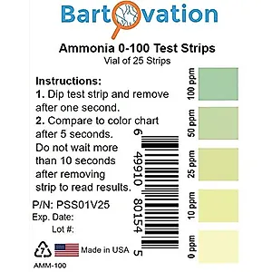 Ammonia Test Strips 0-100 ppm [Vial of 25 Strips] for Industrial Applications