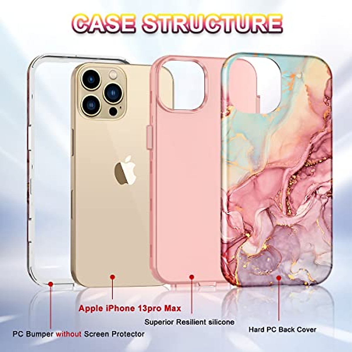 Btscase Compatible with iPhone 13 Pro Max Case 6.7 Inch 2021,Marble Pattern 3 in 1 Heavy Duty Shockproof Full Body Rugged Hard PC+Soft Silicone Drop Protective Women Girl Phone Cases, Rose Gold