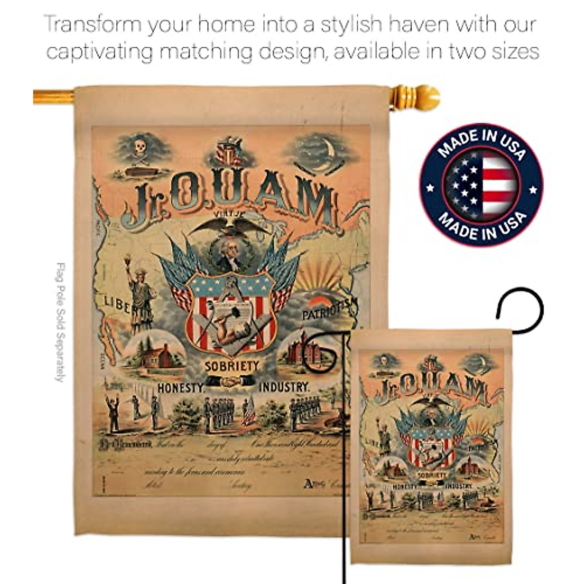 Americana Home & Garden Jr. O. U. A. M. Garden Flag Set Wood Dowel Americana US Historic July Memorial Veteran Independence United State American House Banner Small Yard Gift Double-Sided, Made In USA